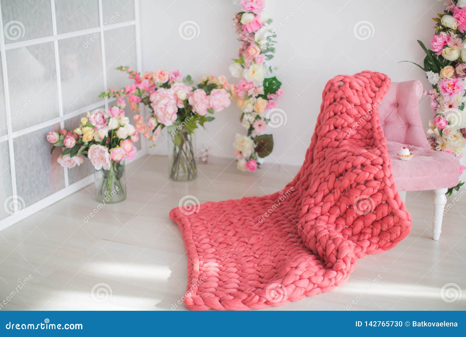 Soft Fluffy Plaid in the Interior with Flowers Chair and Cup of Coffee ...