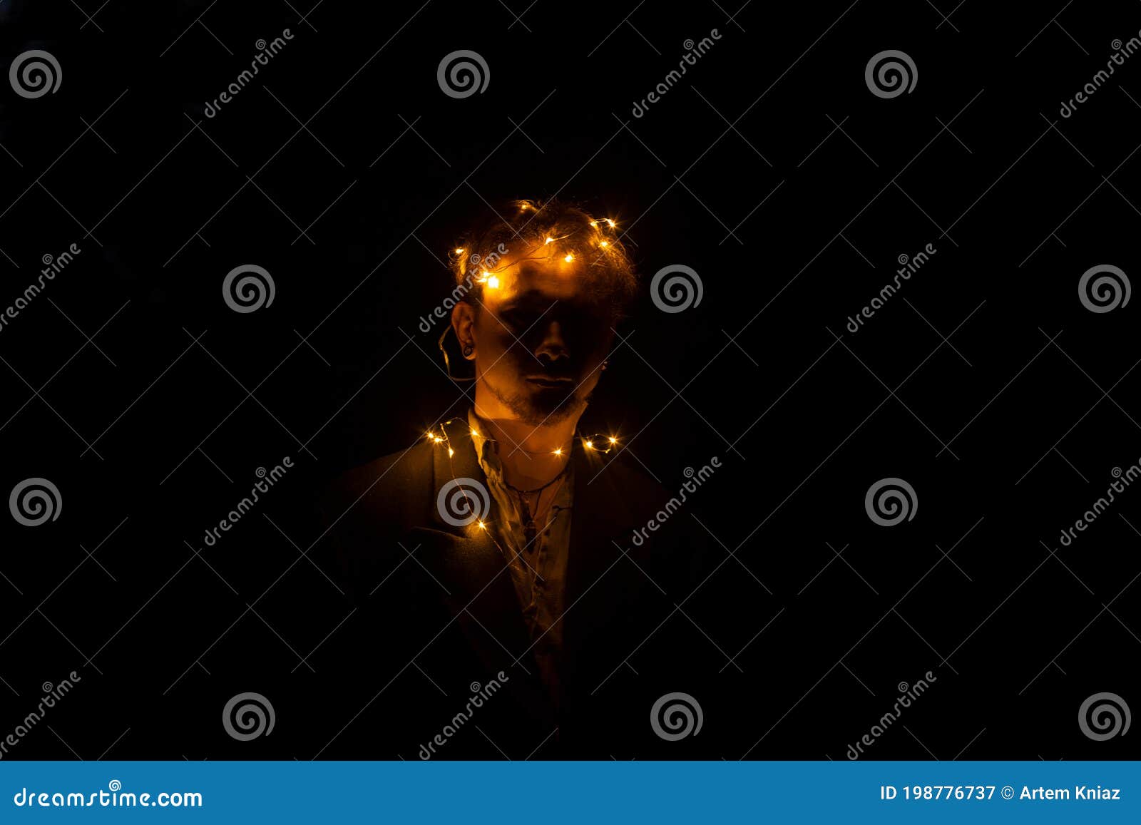 Soft Focus Face Portrait with Garland on Head in Dark Environment Black ...