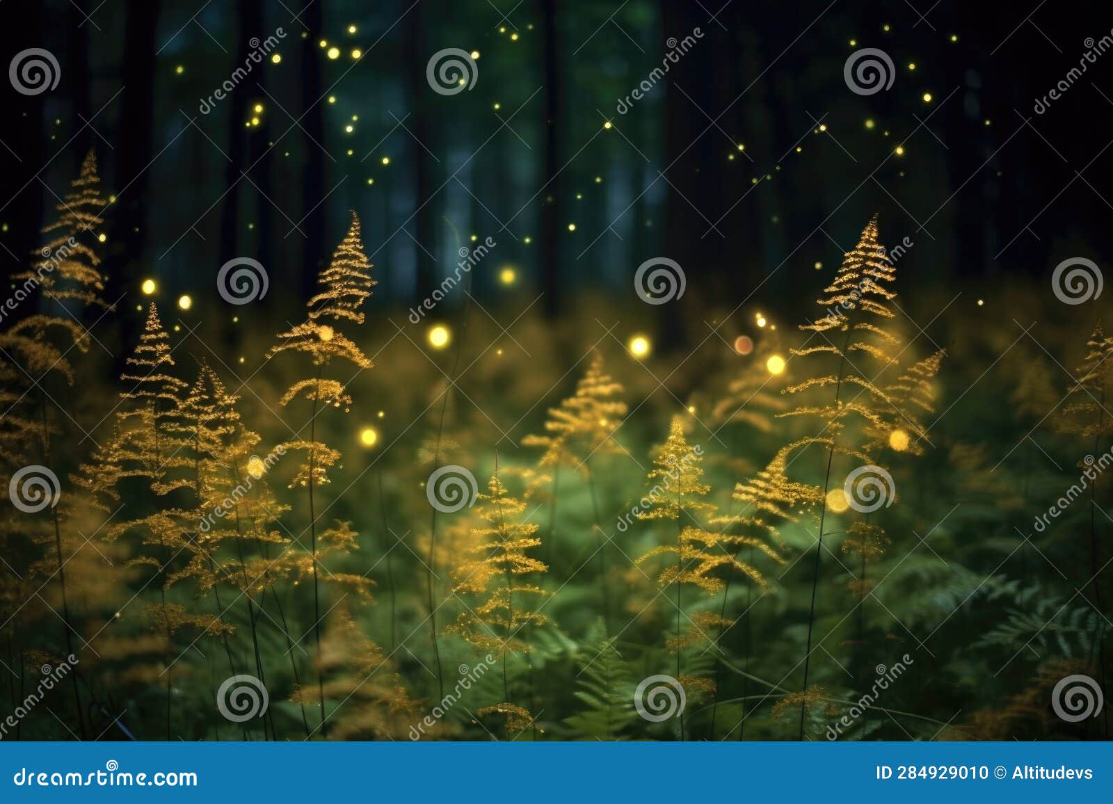 Soft Focus of Fireflies Glowing Around Forest Ferns Stock Photo - Image ...