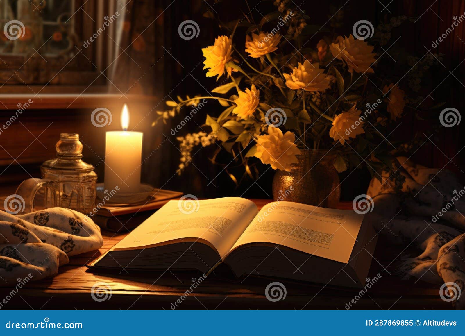 Soft Glow of Candlelight Illuminating Open Book Stock Illustration ...