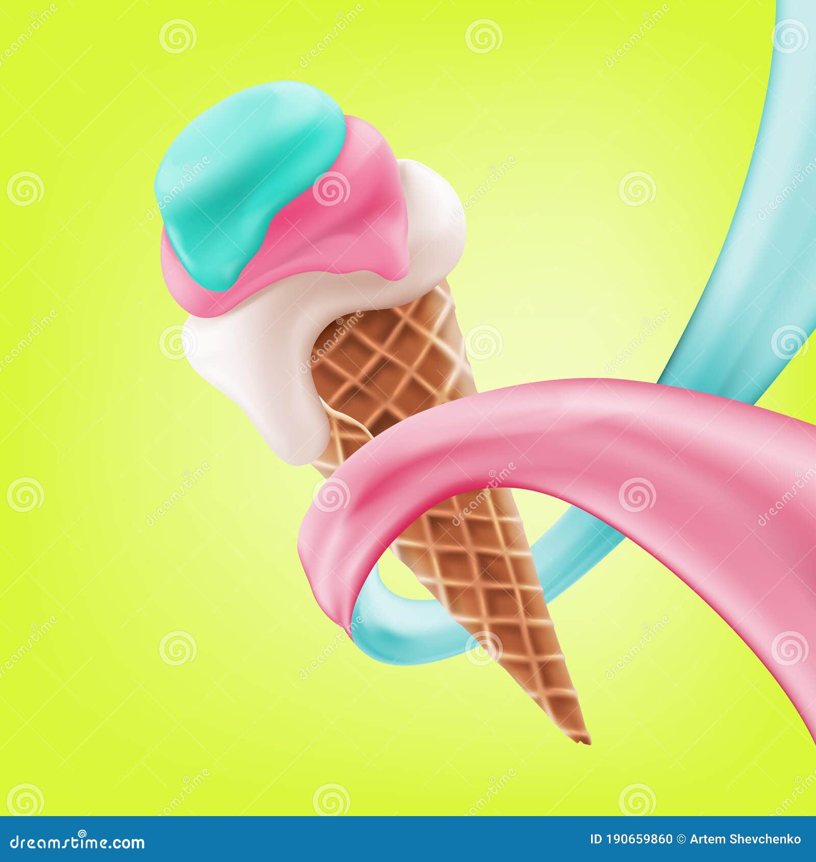Soft Ice Cream Wafer Cone In Cream Swirl 3d Vector Realistic Icon