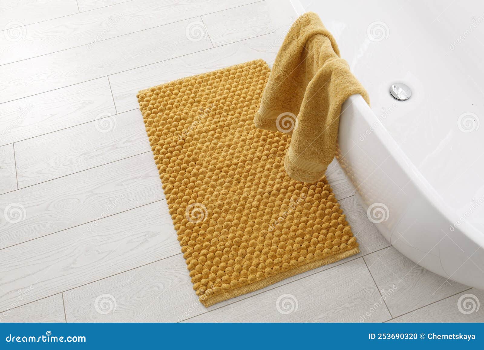 Soft Orange Bath Mat on Floor in Bathroom Stock Photo - Image of foot ...