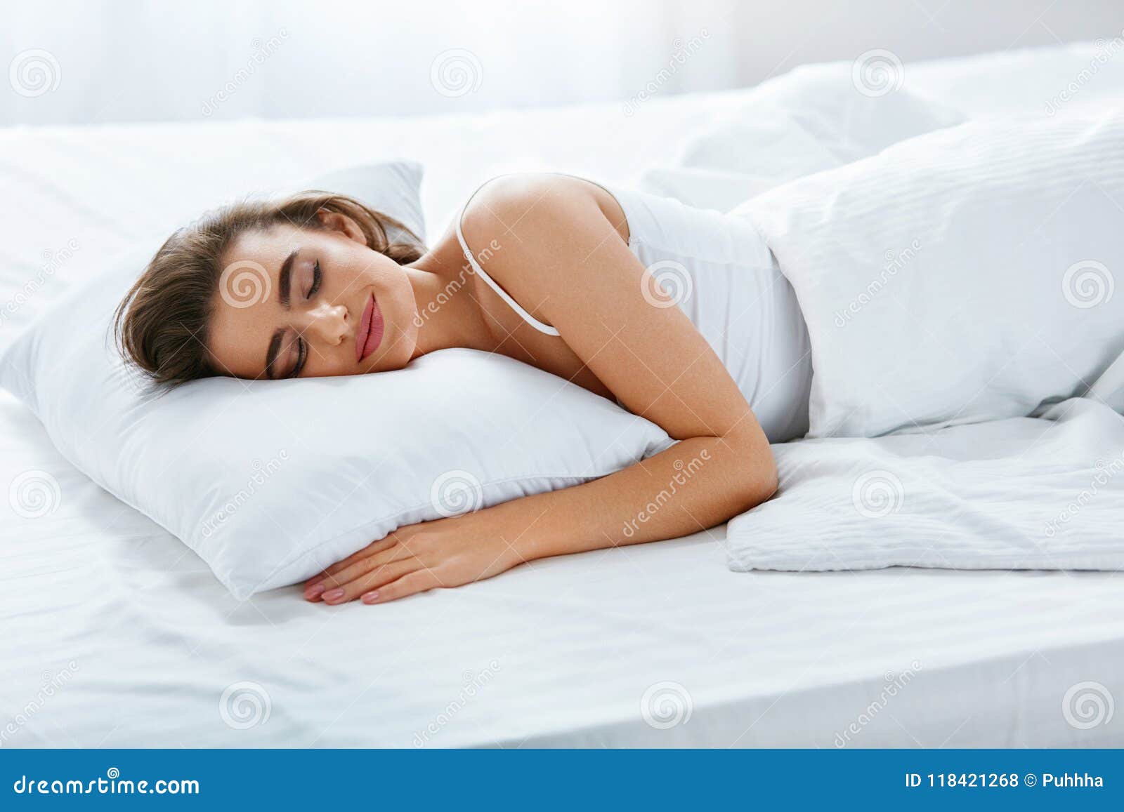 Soft Pillow. Female Sleeping in Bed on White Bedding Stock Photo ...