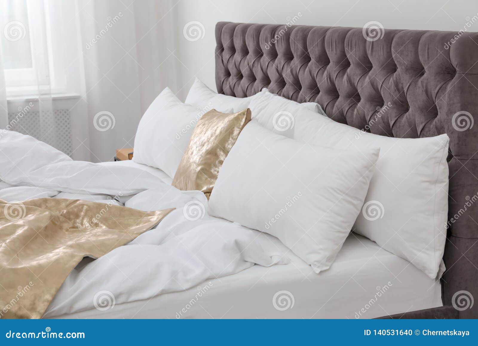 Soft Pillows on Comfortable Bed in Room. Stock Photo - Image of decor ...