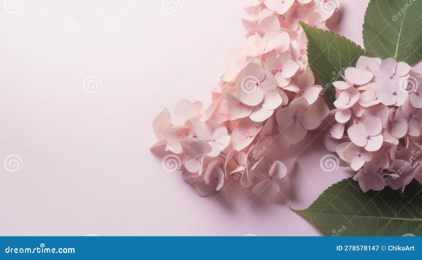 Soft Pink Hydrangeas and Green Leaves on Similar Hued Background with ...