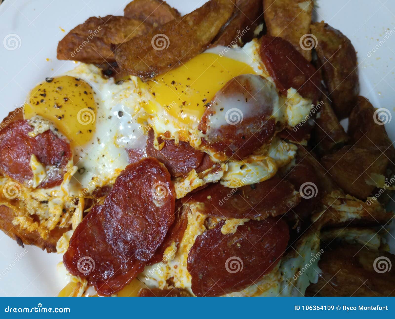 Cooked Messy Fried Eggs and Chorizo Stock Image - Image of soft, fried ...