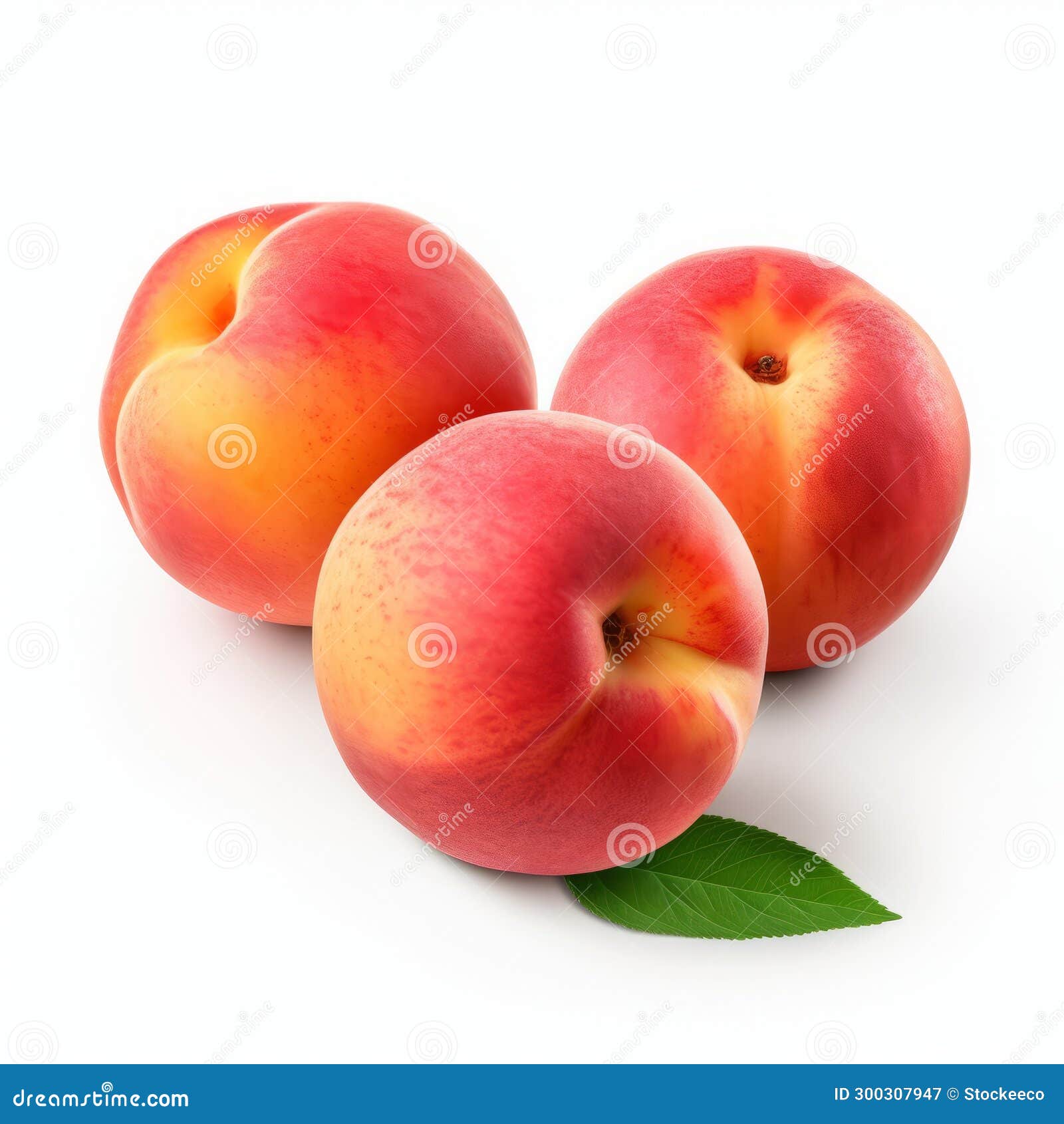 Soft and Rounded Forms: Three Peaches Separated by Leaves on a White ...