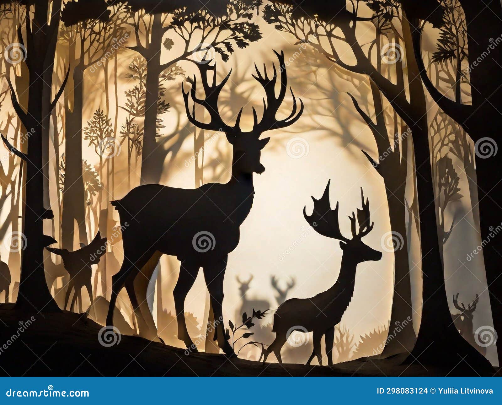 Soft Shadows of Deer in Dense Forest. Stock Illustration - Illustration ...