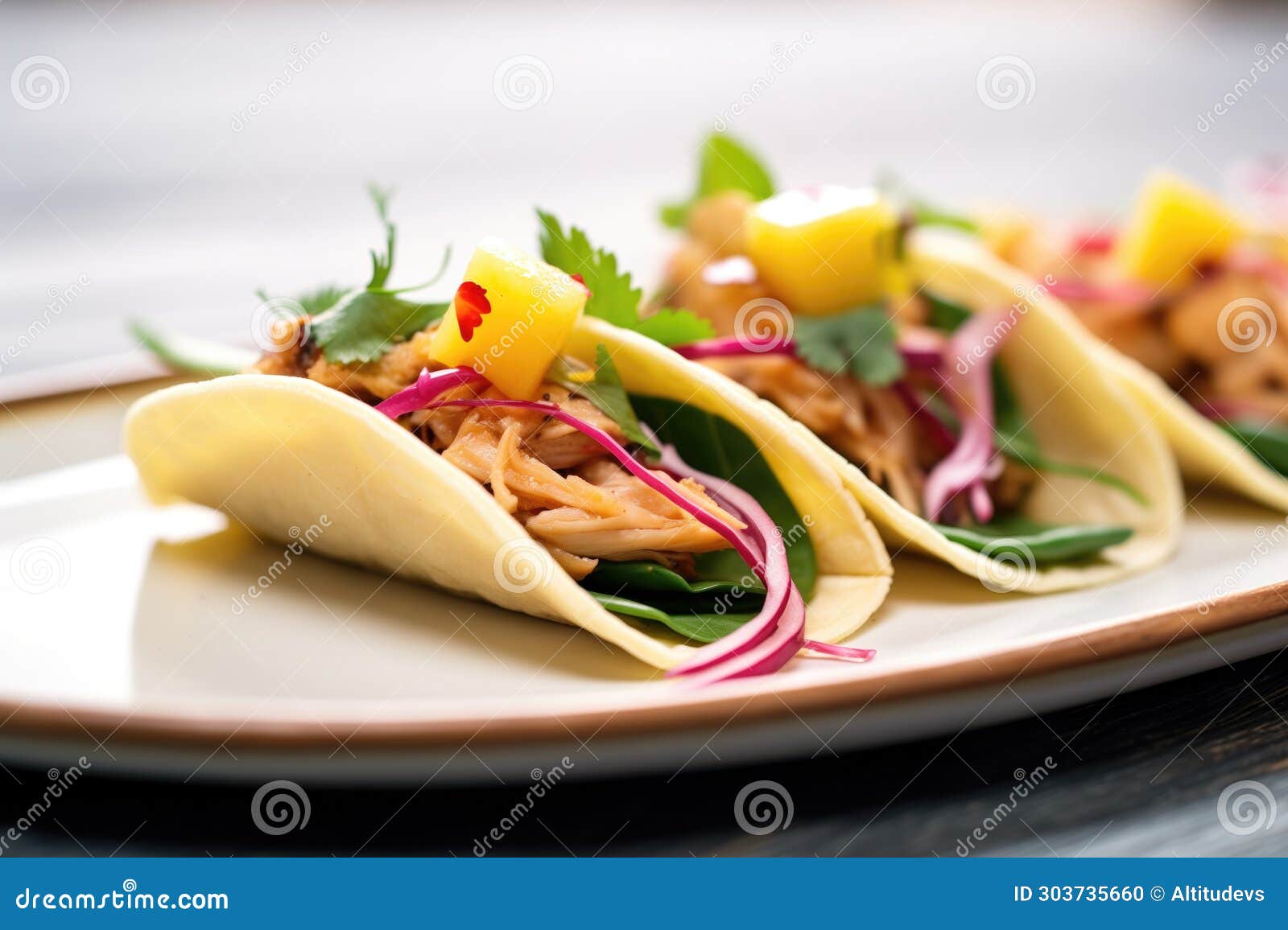 Soft Shell Tacos with Pulled Pork, Pineapple, and Red Onion, Side View ...