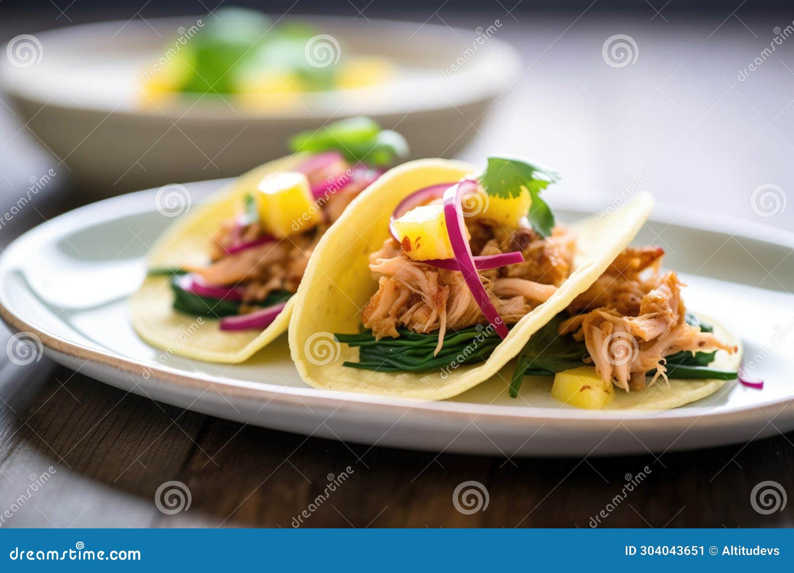 Soft Shell Tacos with Pulled Pork, Pineapple, and Red Onion, Side View ...
