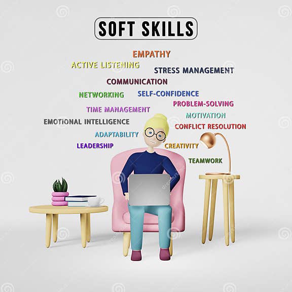 Soft Skills 3D Render Infographic. Young Woman Employee Character ...