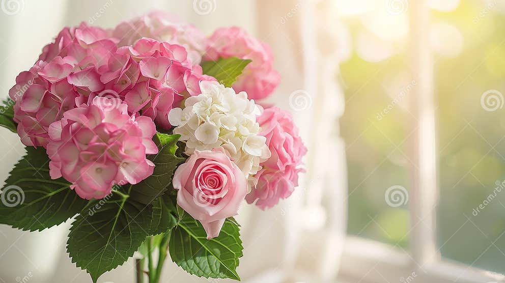 Soft Sunlight on Delicate Bouquet of Pink Hydrangeas and White Roses in ...