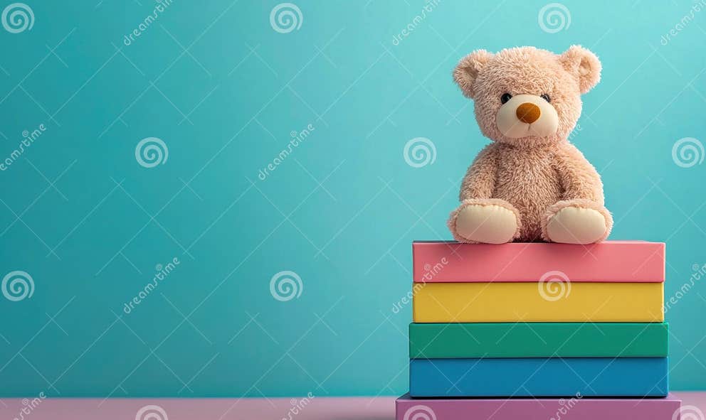 Soft Teddy Bear on Colorful Stack of Boxes Stock Illustration ...
