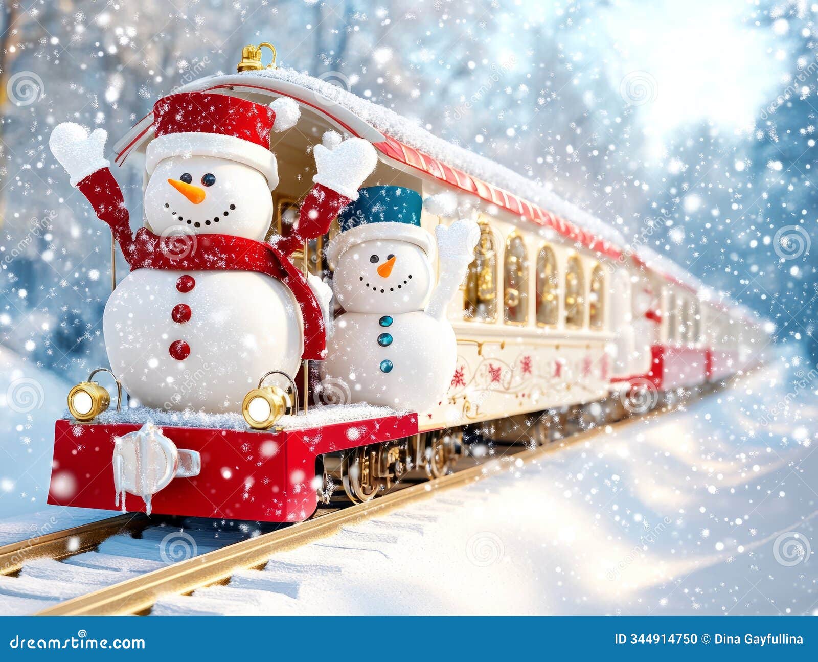 A Soft Train with Snowmen Passengers Holding Candy Canes, Rolling ...