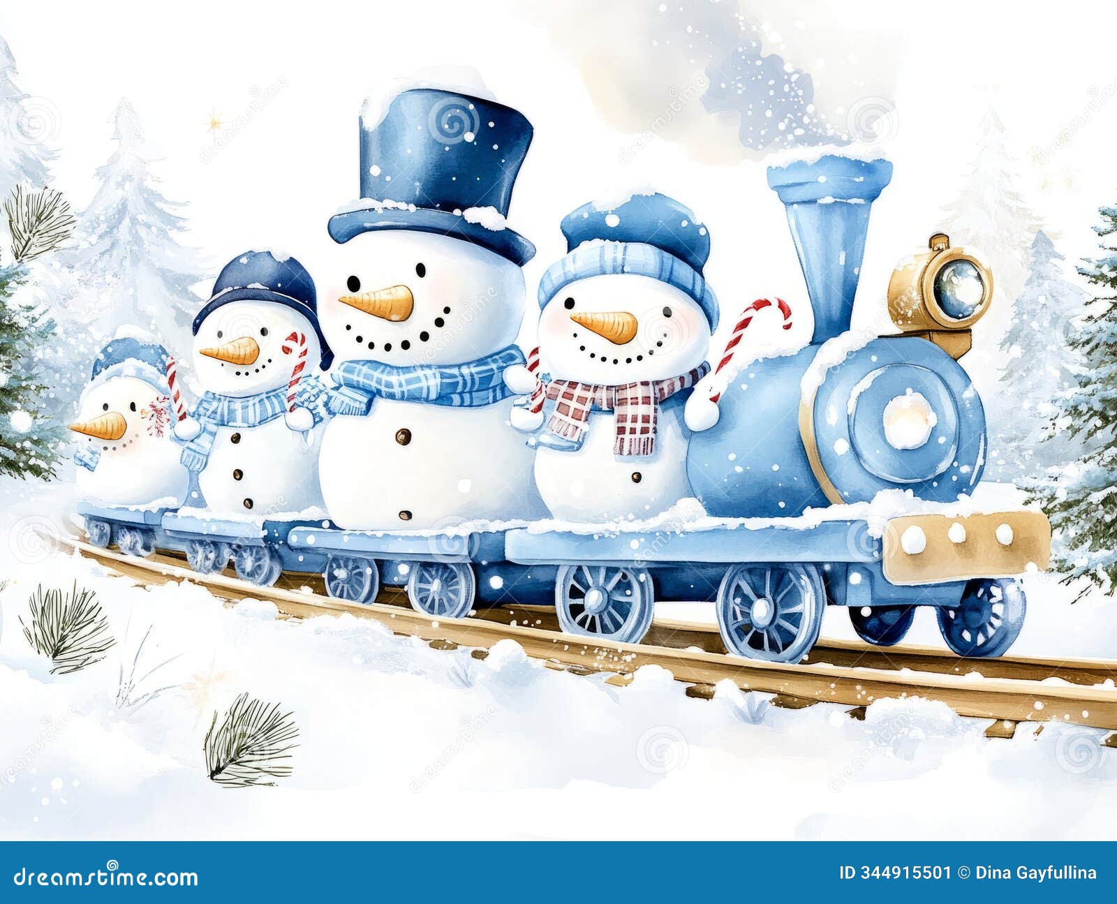 A Soft Train with Snowmen Passengers Holding Candy Canes, Rolling ...