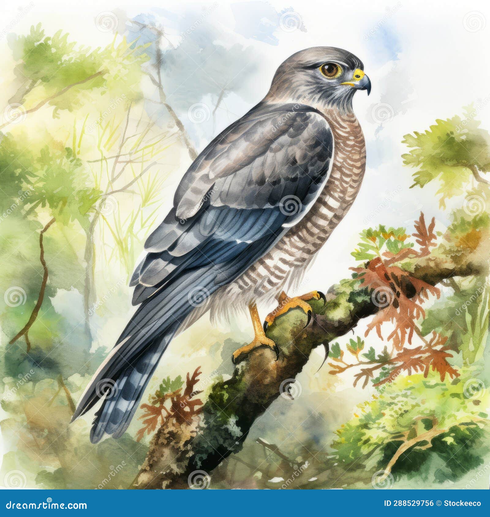 Soft Watercolor Illustration of Gray Hawk Perched on Branch Stock ...