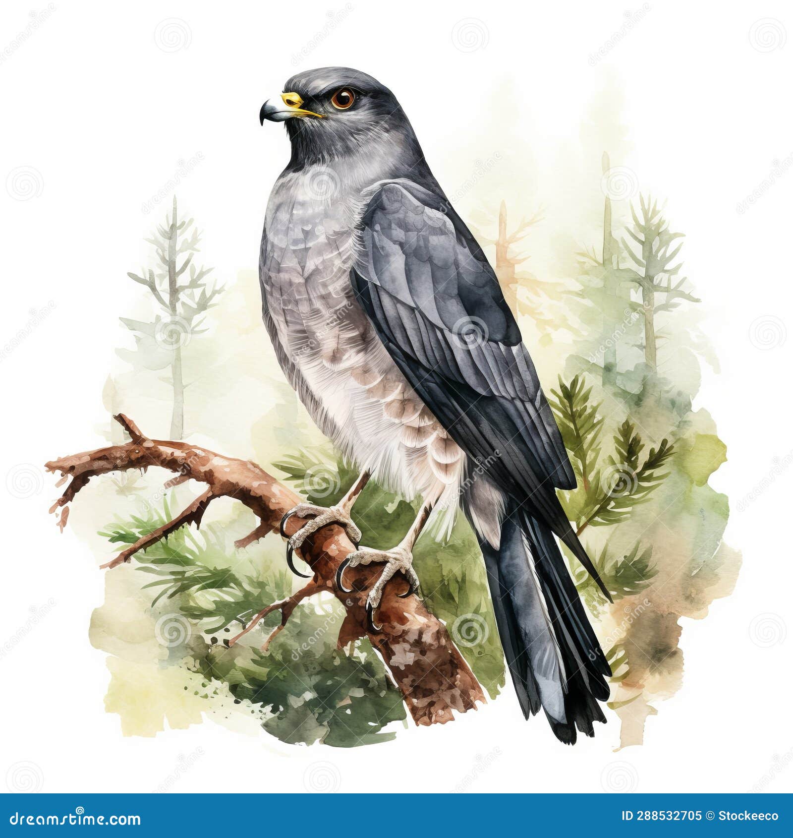Soft Watercolor Illustration of a Grey Raptor Perched on a Tree Stock ...