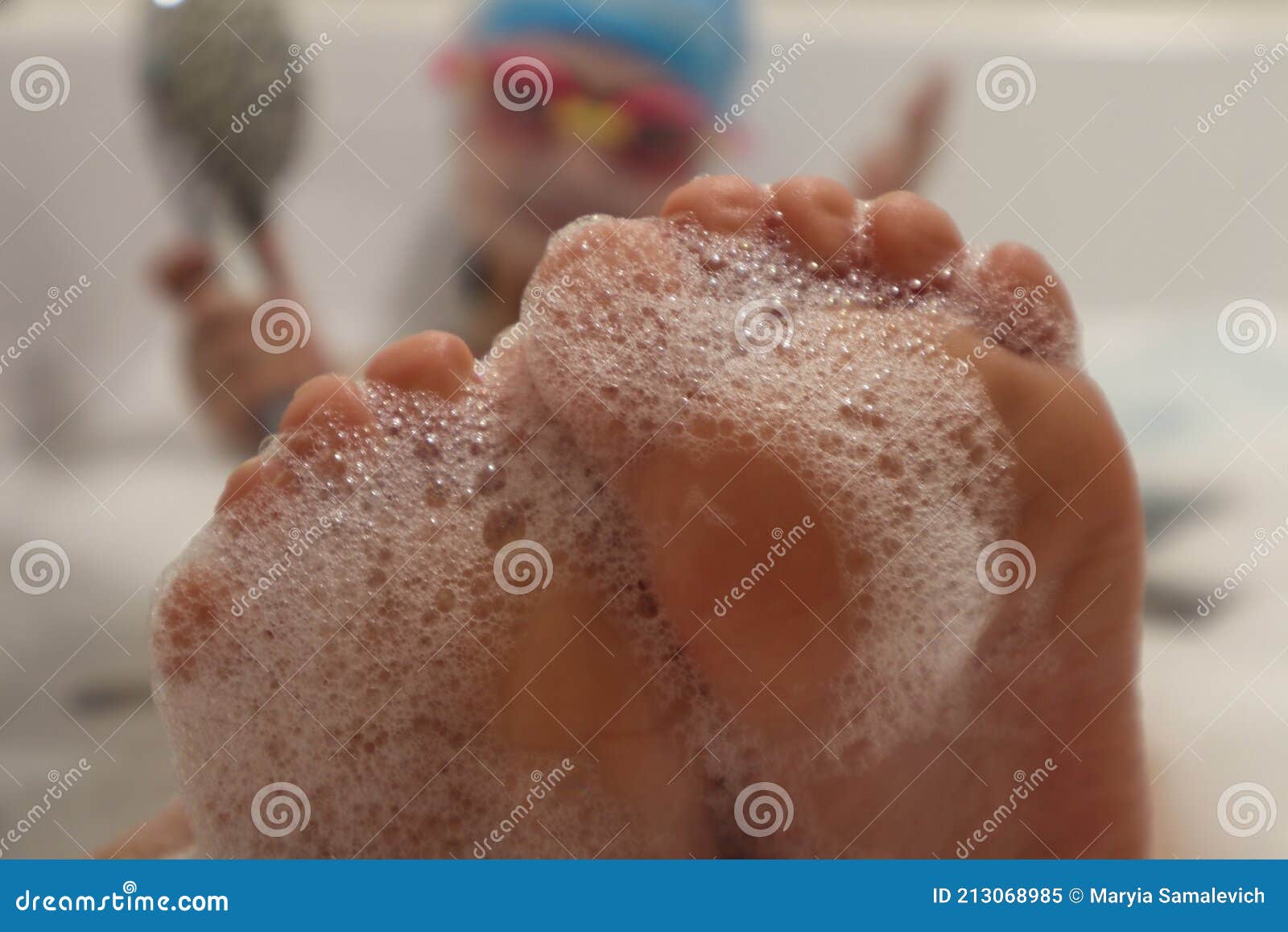 Soft White Foam on Children`s Feet, Close-up Stock Image - Image of ...