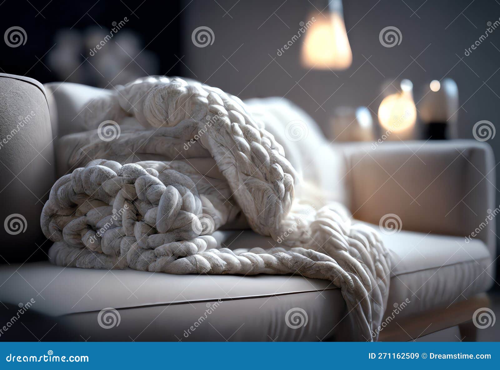 Soft White Wool Throw Blanket on a Cream Colored Sofa Couch Stock ...