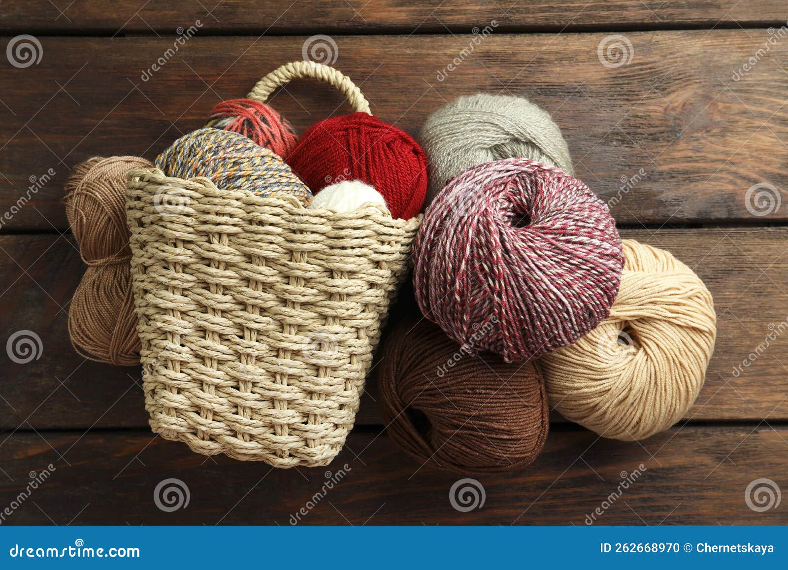 Soft Woolen Yarns on Wooden Table, Flat Lay Stock Photo - Image of ...