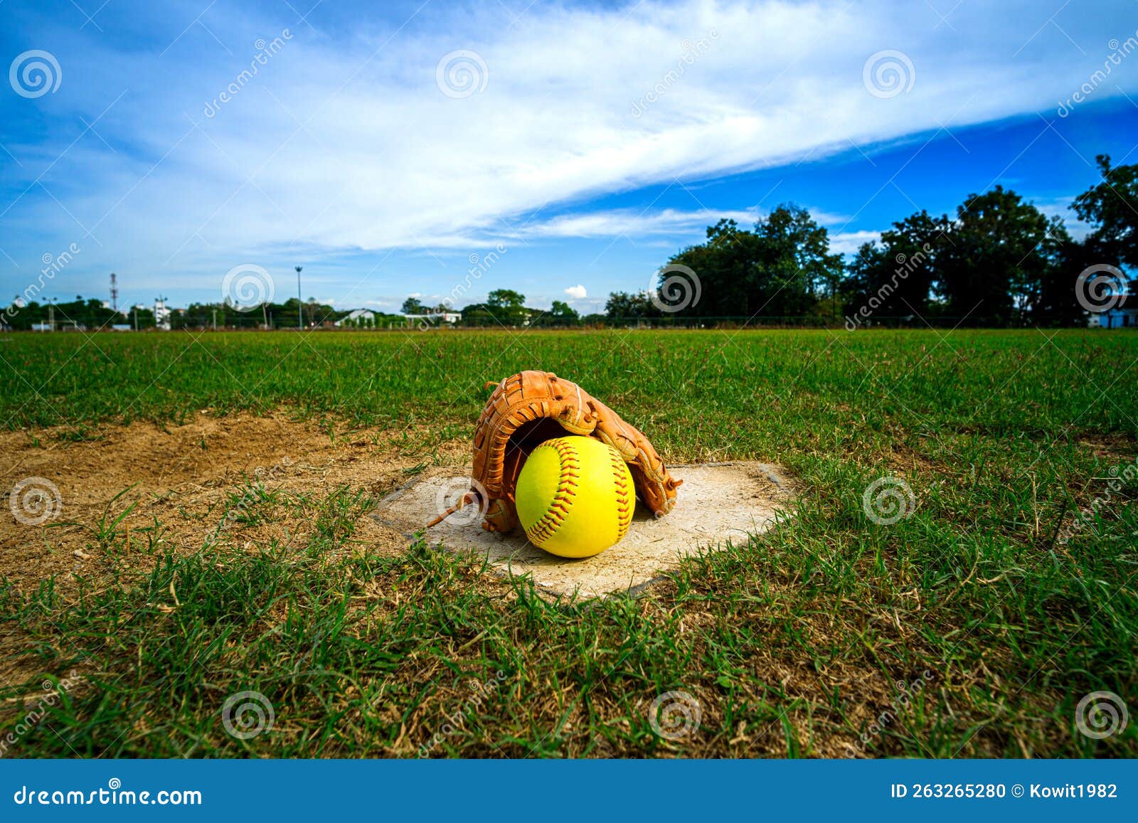 Softball and Glove on Homepage and View of a Softball Field from Home ...