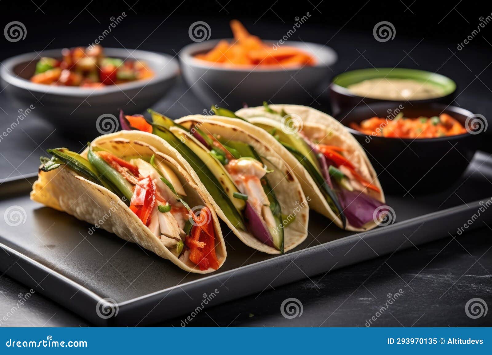 Softshell Tacos with Grilled Vegetables and Hummus on a Slate Plate ...