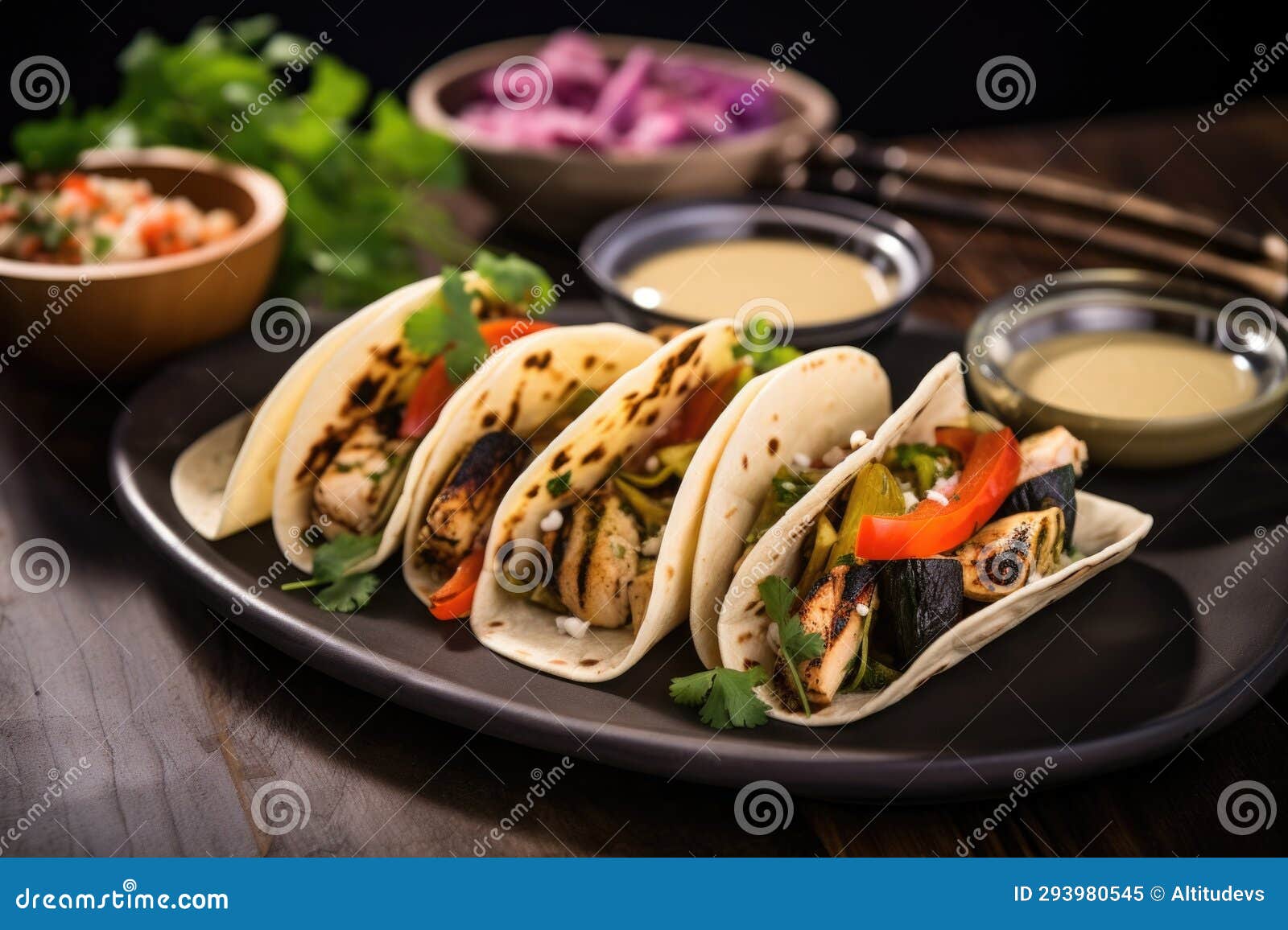 Softshell Tacos with Grilled Vegetables and Hummus on a Slate Plate ...