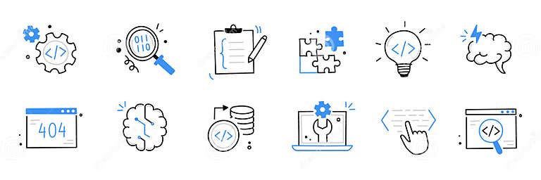 Software Code Icon Doodle Set. Hand Drawn Line Sketch Software Coding ...