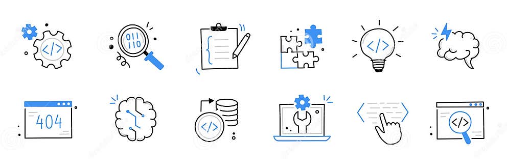 Software Code Icon Doodle Set. Hand Drawn Line Sketch Software Coding ...