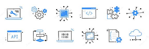 Software Code Icon Doodle Set Hand Drawn Line Sketch Software Coding
