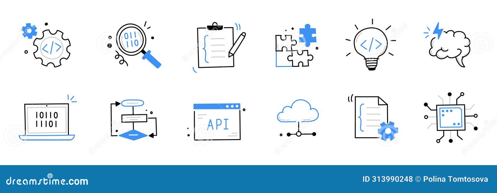 Software Code Icon Doodle Set. Hand Drawn Line Sketch Software Coding ...