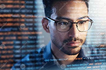 Software, Coding Hologram and Man in Data Analytics, Information Technology Overlay or Html at ...