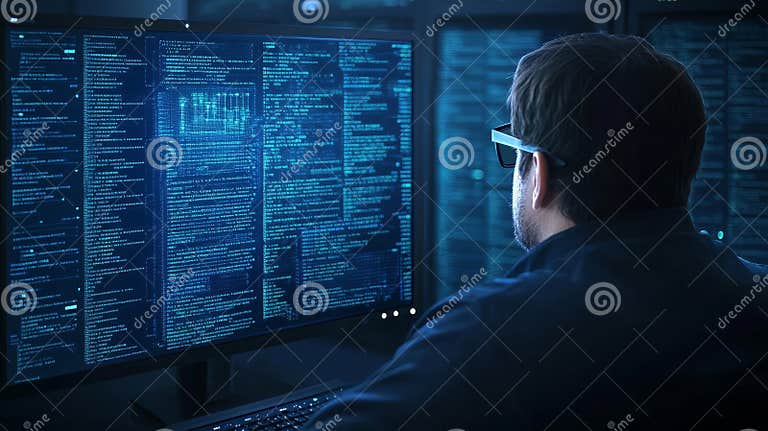 Software Developer Analyzing Complex Code on Multiple Screens Stock Illustration - Illustration ...