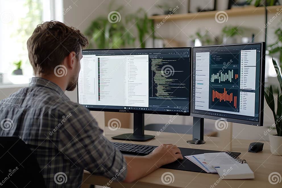 Software Developer Analyzing Data at Work Stock Illustration - Illustration of monitors, office ...
