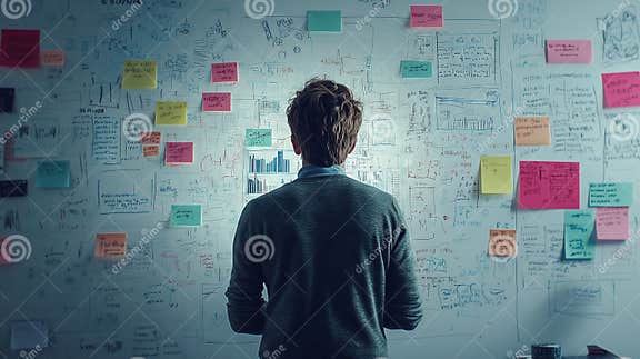 A Software Developer Brainstorming Ideas on a Whiteboard, Surrounded by ...