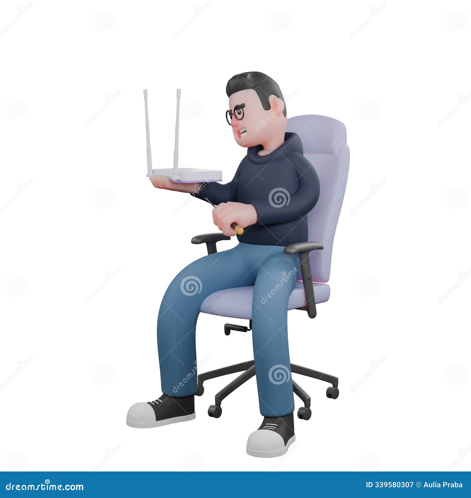 A Male Programmer Sits on His Work Chair with His Right Hand Holding a ...