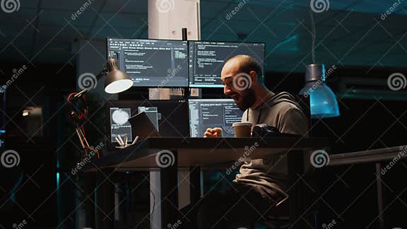 Software Developer Celebrating Coding Achievement And Typing Programming Code Stock Image