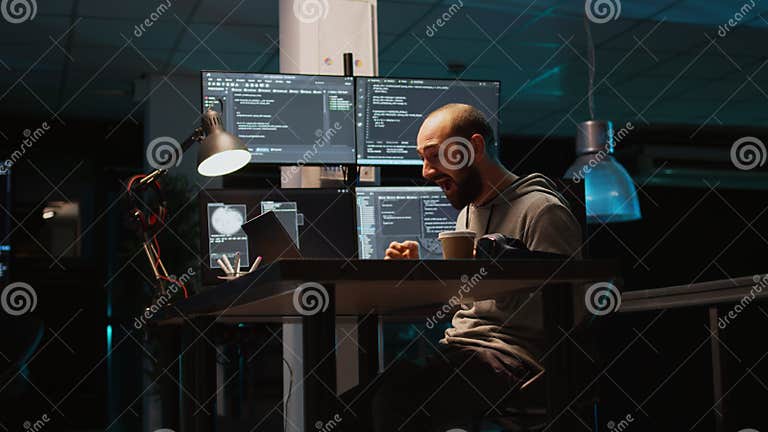 Software Developer Celebrating Coding Achievement and Typing Programming Code Stock Image ...