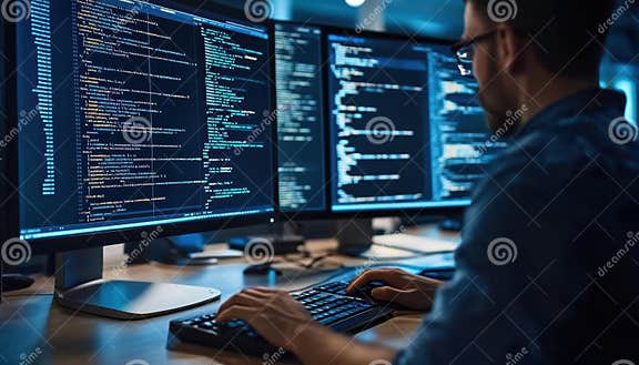 Software Developer Coding at a Computer Workstation in a Modern Office Setting Stock Image ...