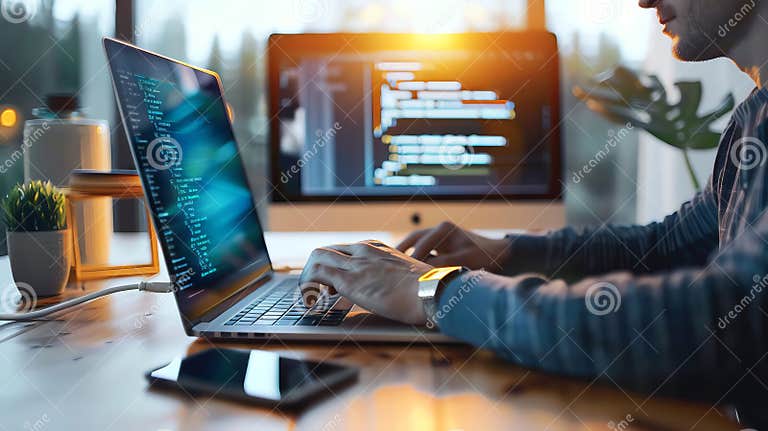 A Software Developer Coding on a Laptop with Code on the Screen ...