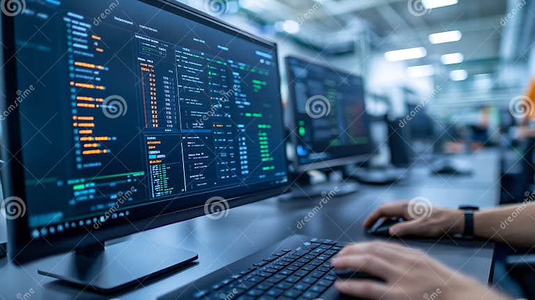 Software Developer Coding on Multiple Monitors Stock Illustration - Illustration of development ...