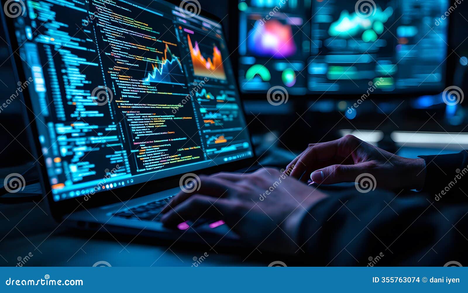 Software Developer Coding at Night on Laptop Stock Illustration - Illustration of software ...