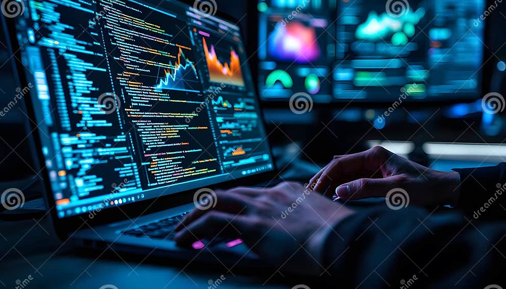 Software Developer Coding at Night on Laptop Stock Illustration ...