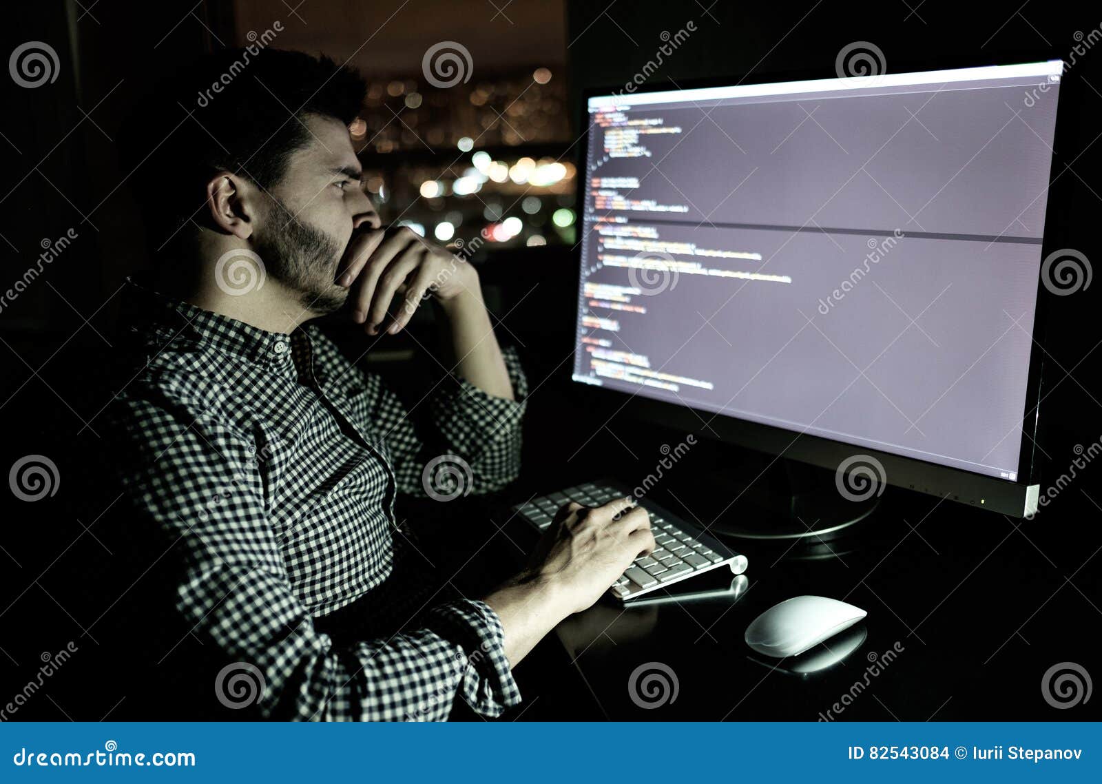 Software Developer Computer at Dark Home Office Stock Photo - Image of ...