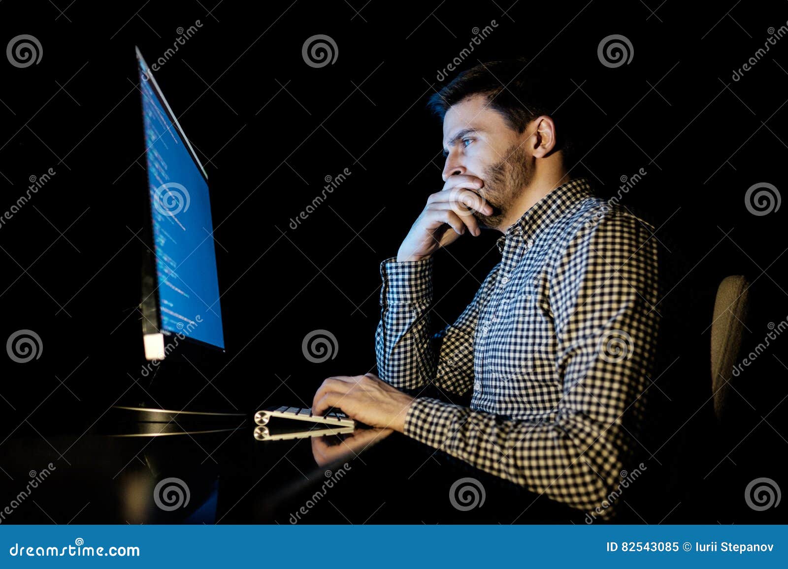 Software Developer Computer at Dark Home Office Stock Image - Image of ...