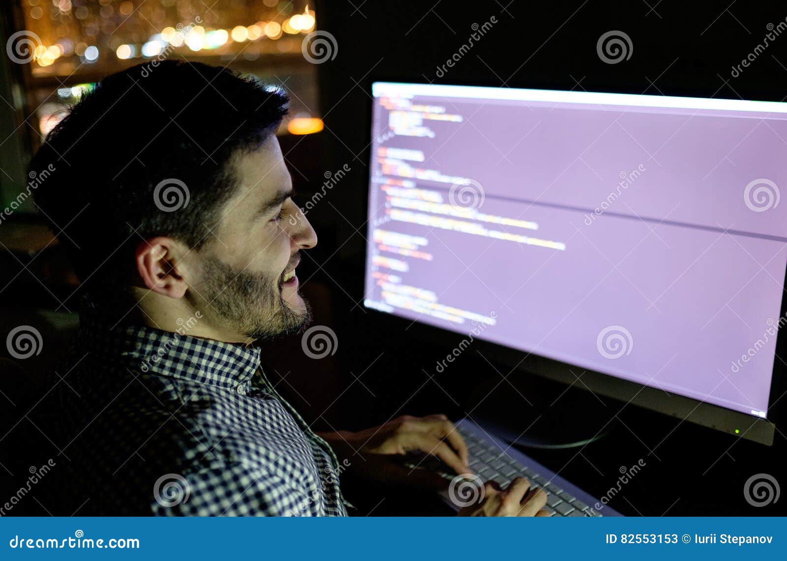 Software Developer Computer at Dark Home Office Stock Image - Image of ...