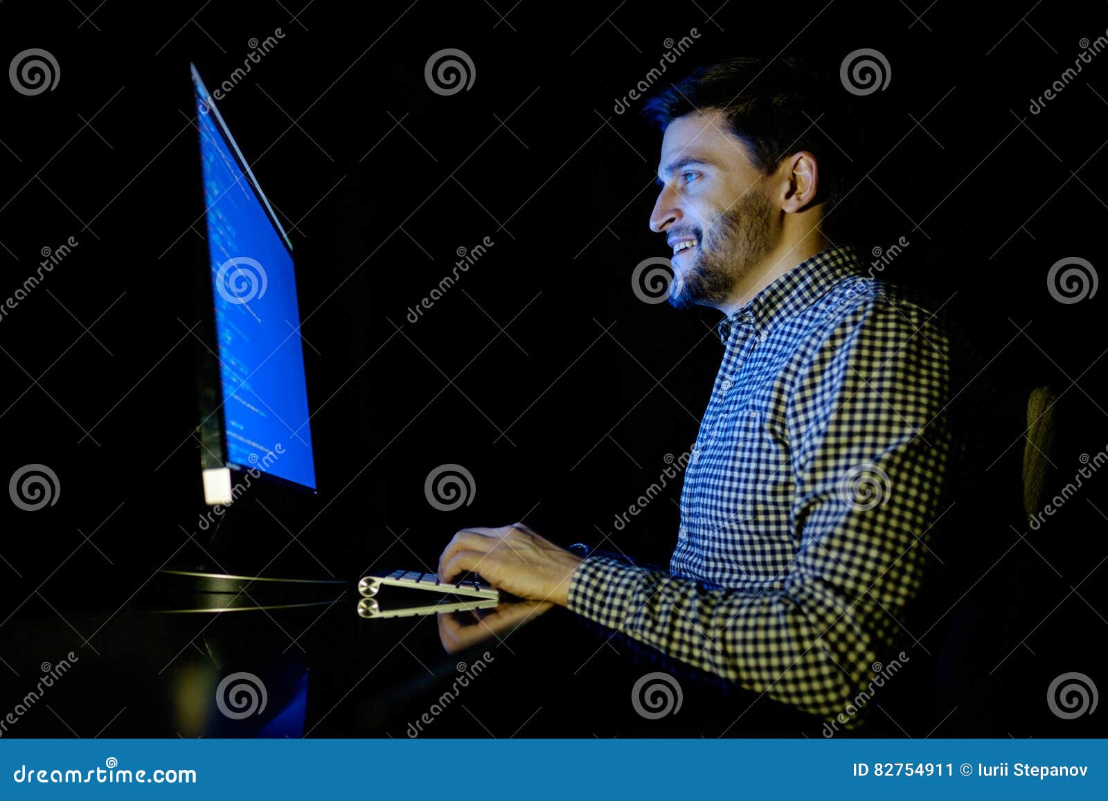 Software Developer Computer at Dark Home Office Stock Image - Image of ...
