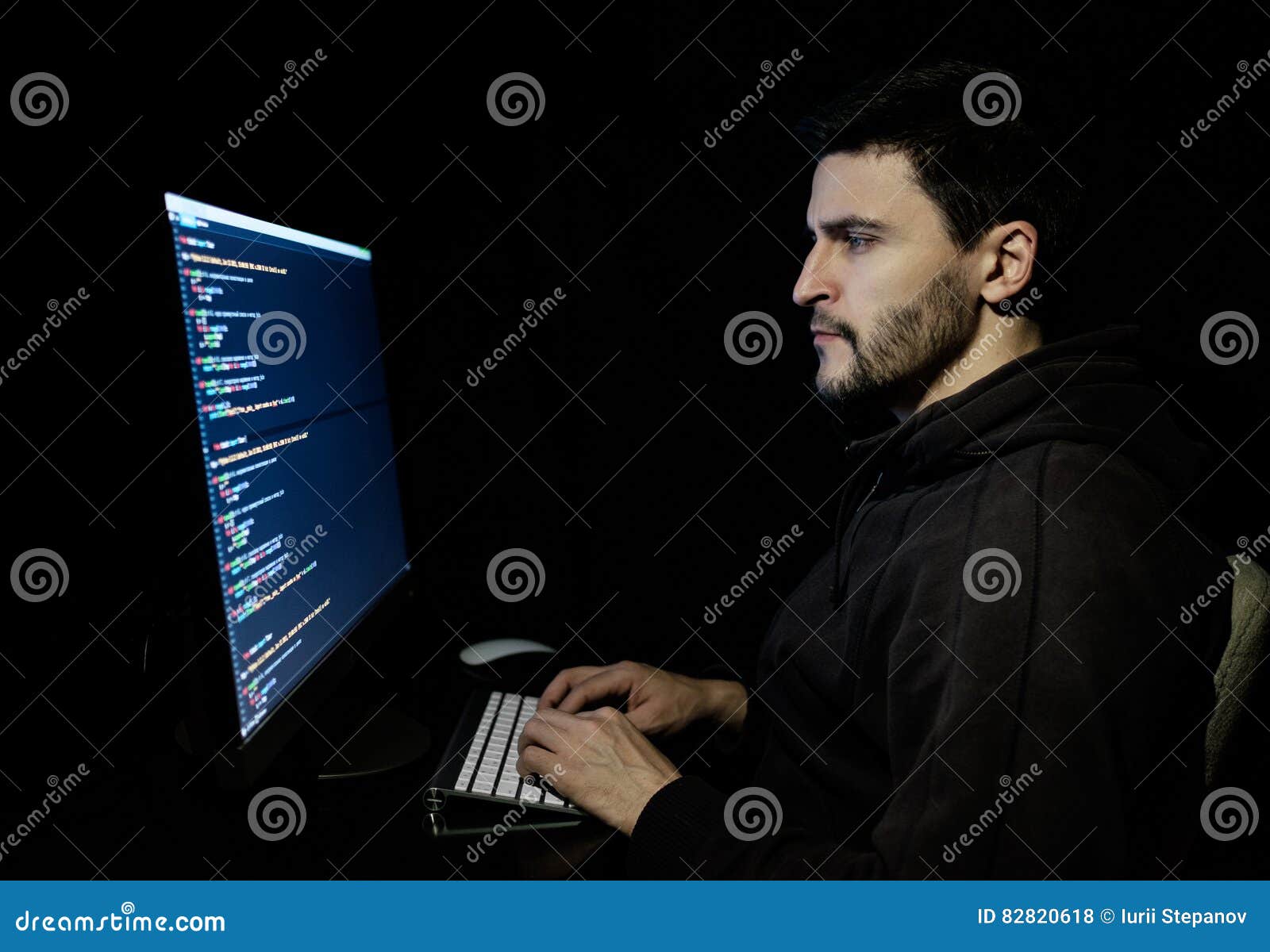 Software Developer Computer at Dark Home Office Stock Photo - Image of ...
