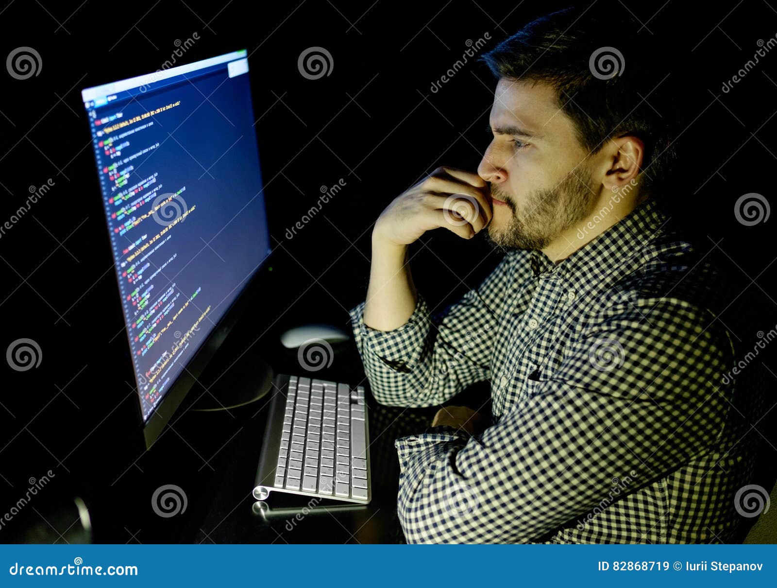 Software Developer Computer At Dark Home Office Stock Image Image Of Computer Development