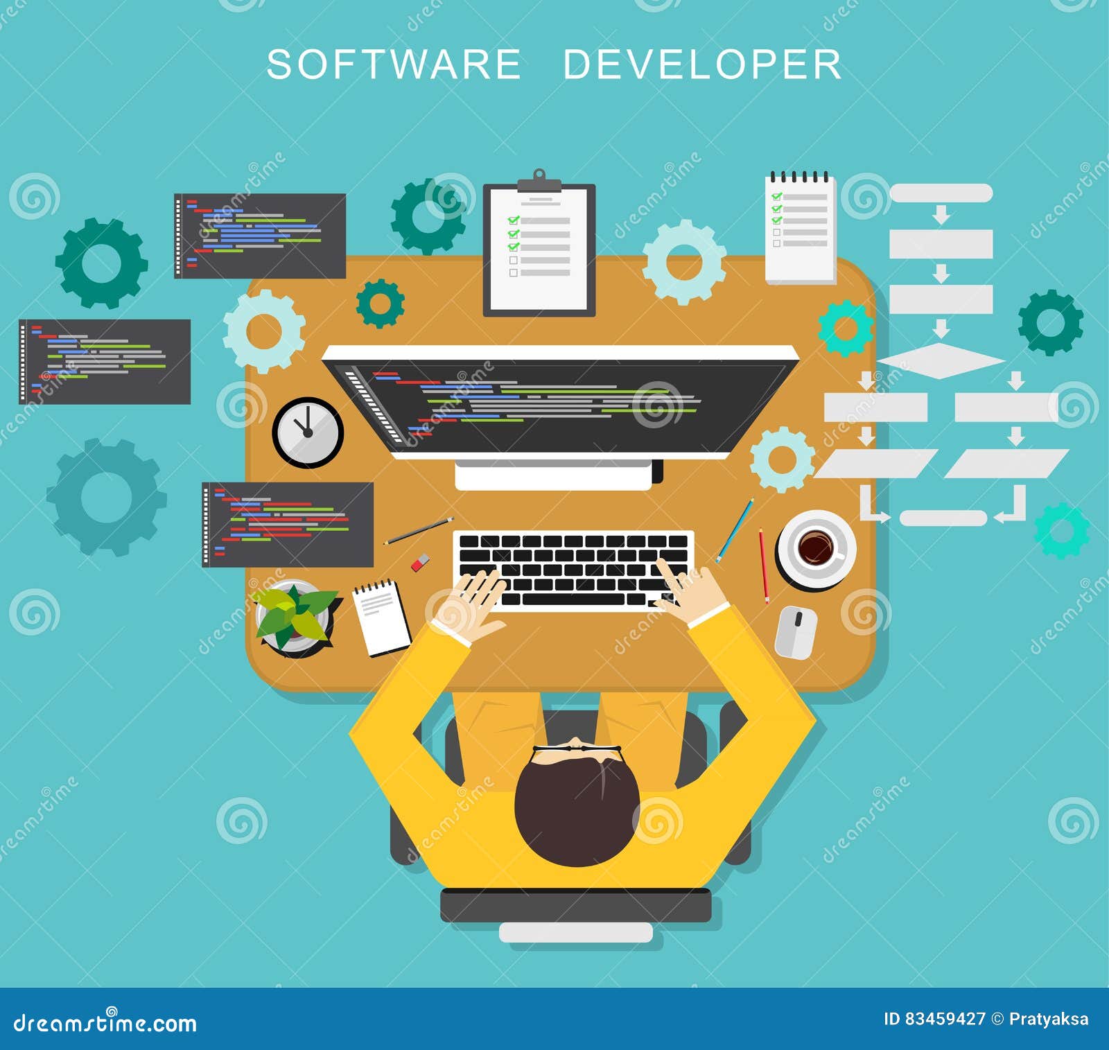 Software Developer Concept Programmer Coding On Desktop Stock Vector Illustration Of Data